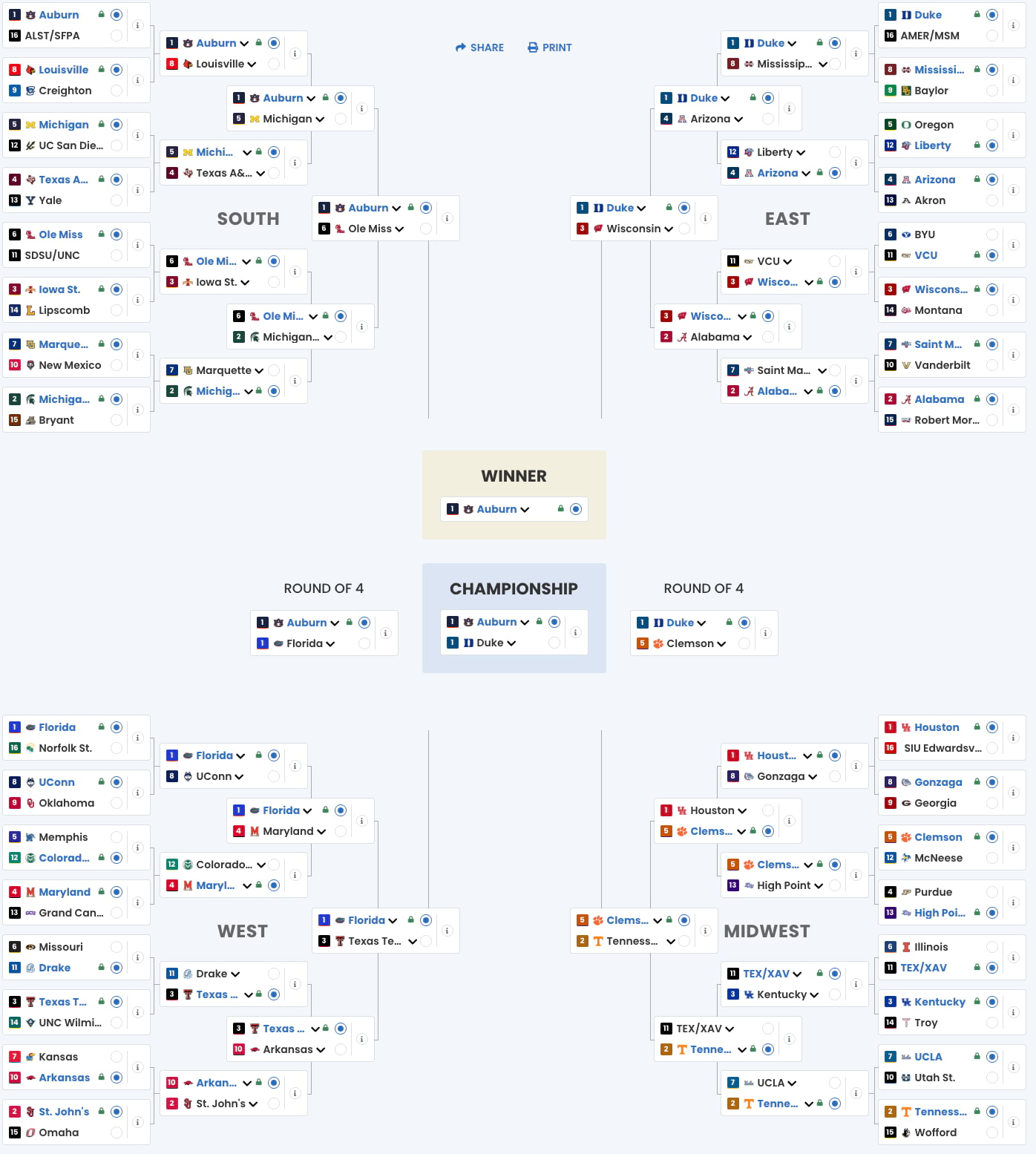 Perfect Bracket for Large Pools: NCAA Tournament (2025)
